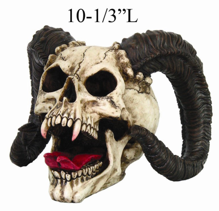 Evil Ram Horned Skull with Tongue Out Figurine Statue 10.5 inch long ...